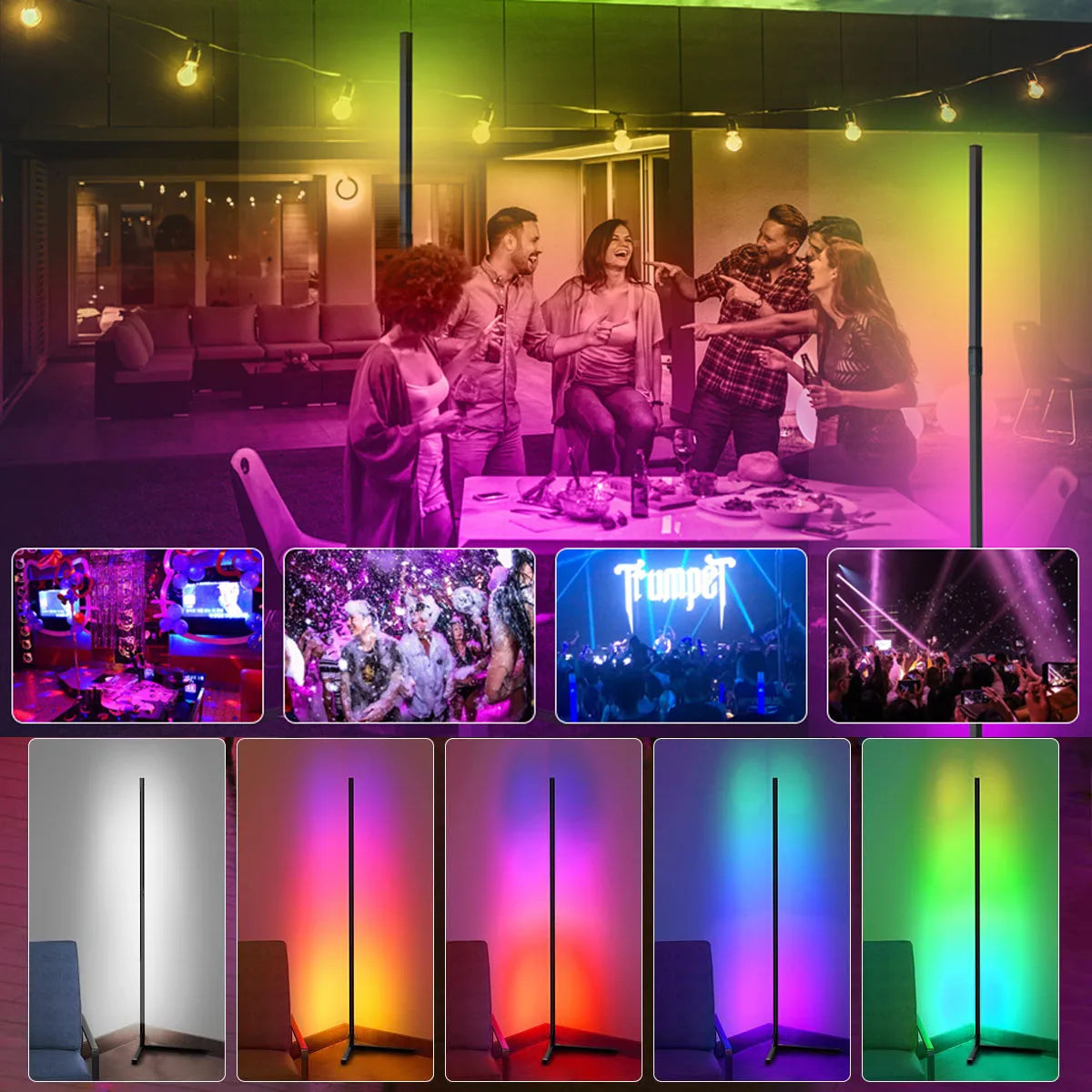 Néon d'angle LED RVB intelligent, éclairage sur pied intérieur, salon ...